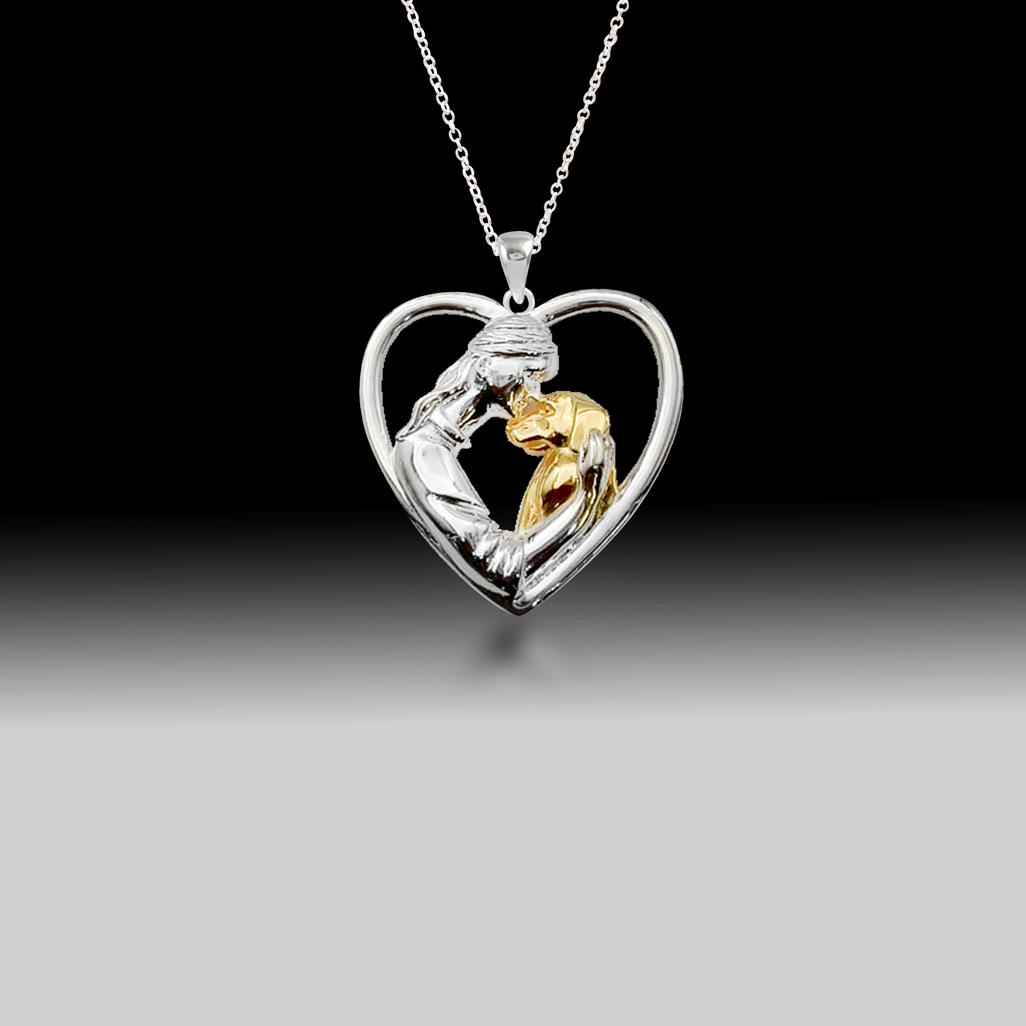Girl Hugging Dog Heart Shaped Pendant- 925 Sterling Silver Two Toned P ...