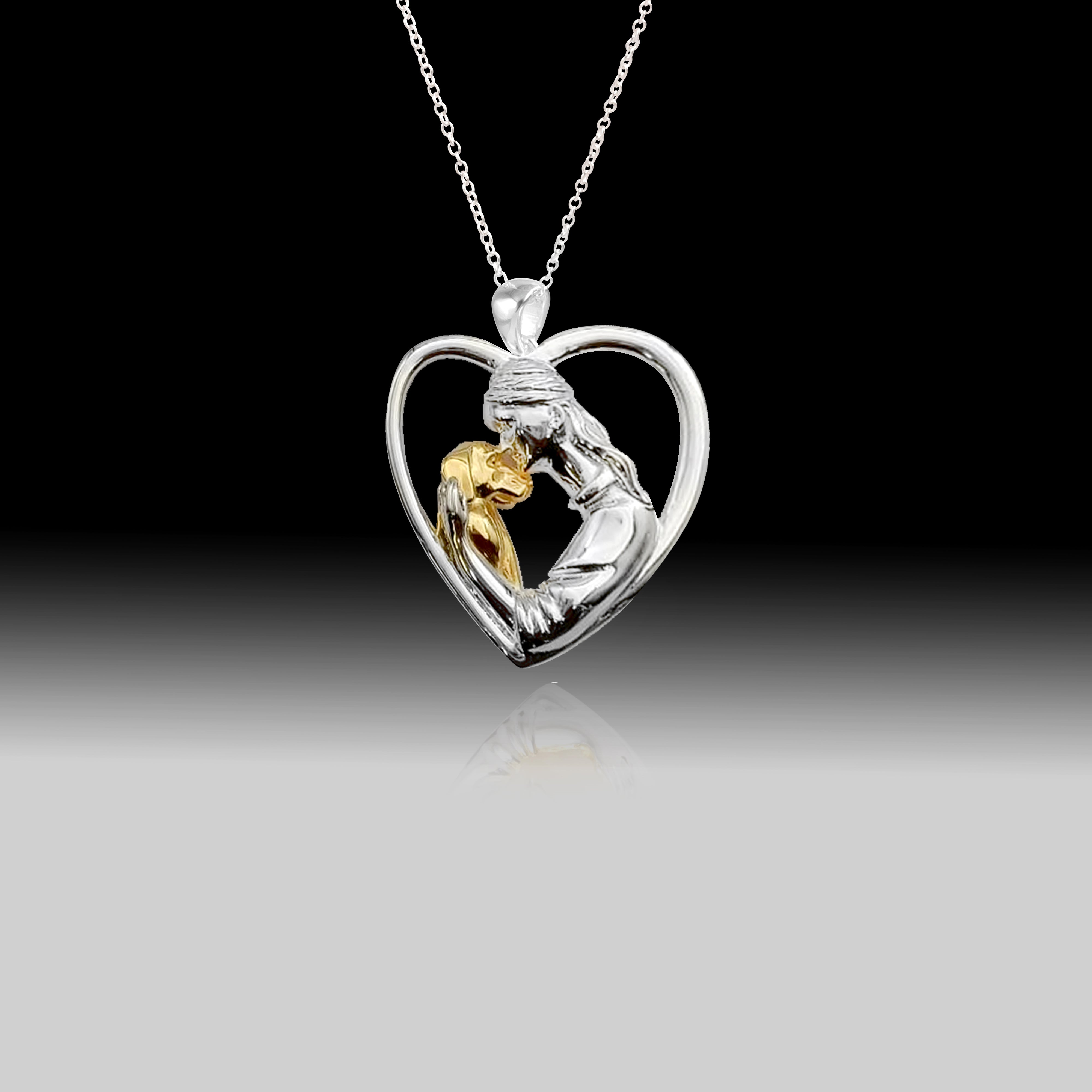 Girl Hugging Dog Heart Shaped Pendant- 925 Sterling Silver Two Toned P ...